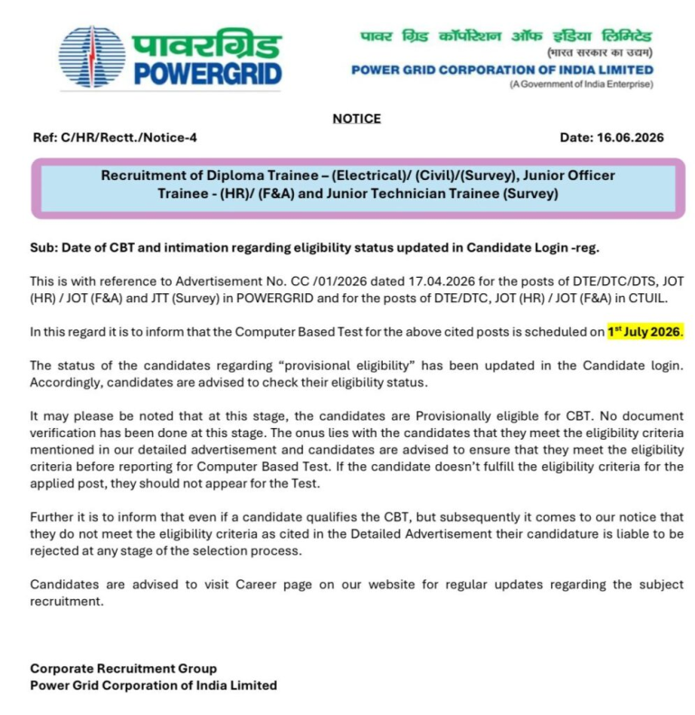PGCIL Diploma Trainee 2026 Exam Date: Check Latest Update